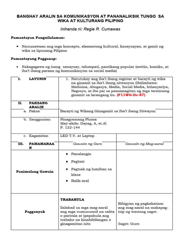 Banghay Aralin Sa Filipino 10 | PDF