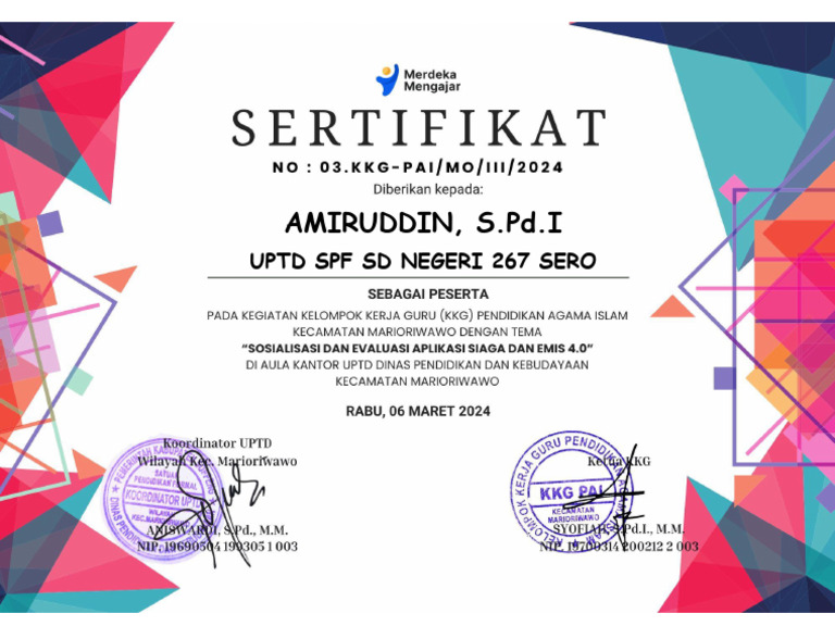 AMIRUDDIN, S.Pd.I SERTIFIKAT KKG PAI 2024 | PDF