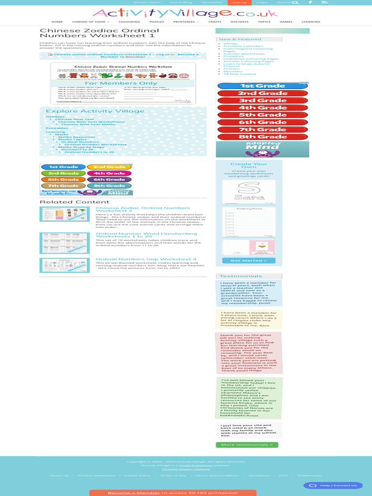 Chinese Zodiac Ordinal Numbers Worksheet | PDF