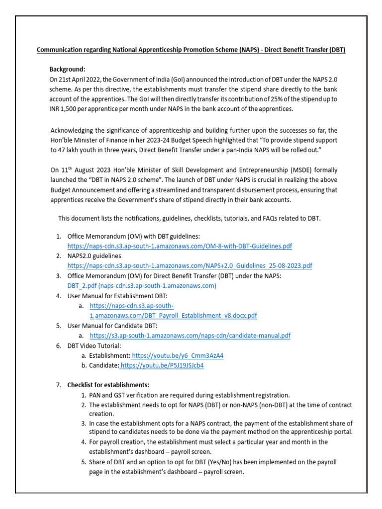 NAPS DBT Communication Plan and FAQs 26th+september'23 | PDF | Banking ...
