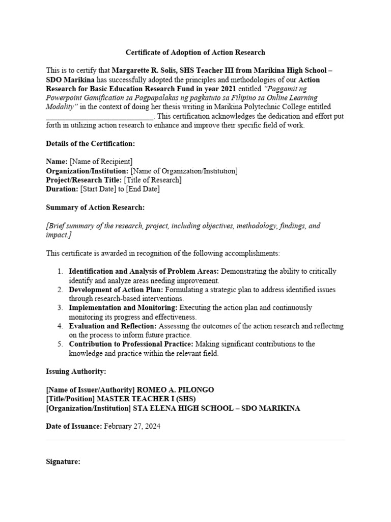 Certificate of Action Research Adoption | PDF