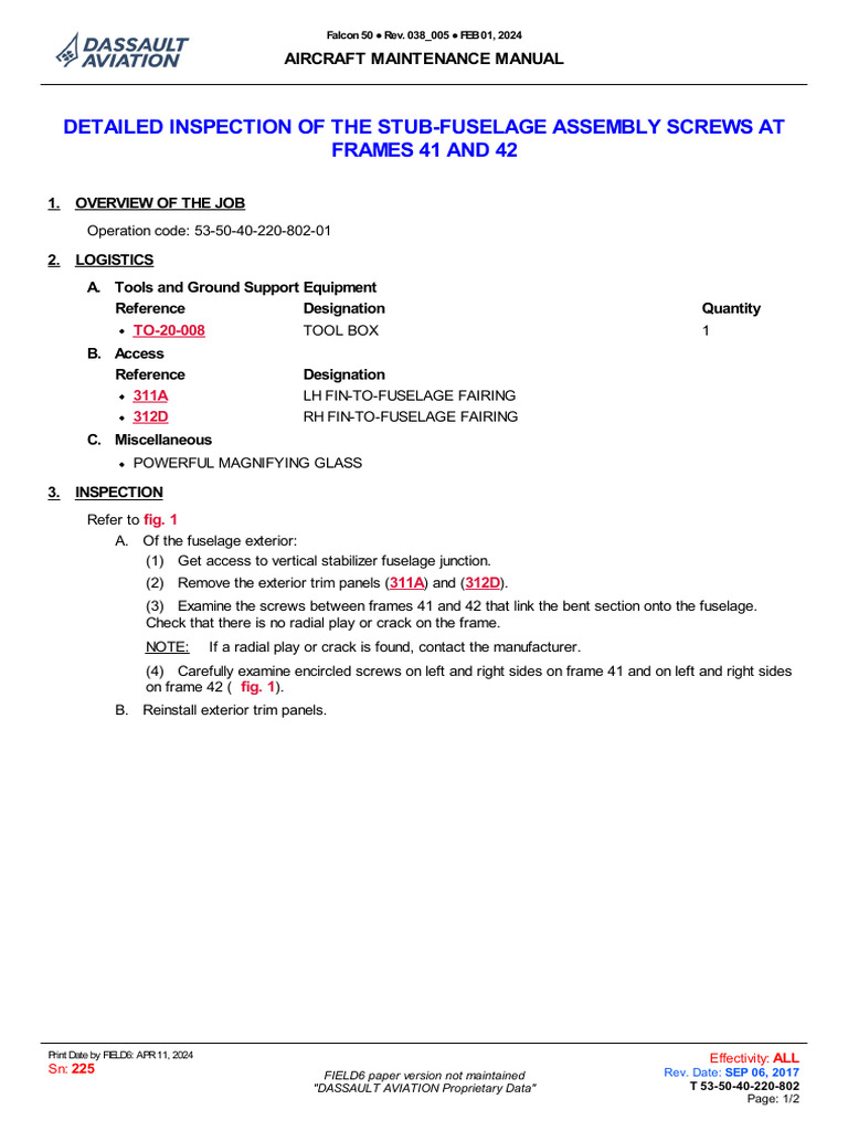 T 53-50-40-220-802-DETAILED INSPECTION OF THE STUB-FUSELAGE ASSEMBLY ...