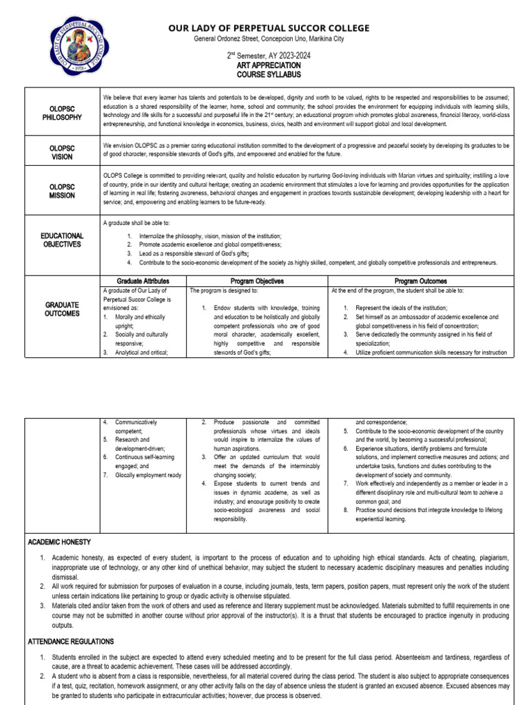 Art Appreciation Course Syllabus With Learning Plan | PDF | Academic Dishonesty | Liberal Arts ...