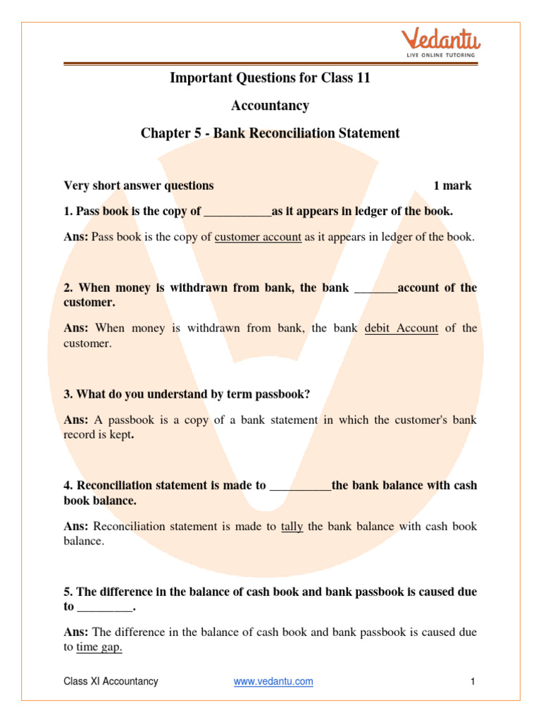 CBSE Class 11 Accountancy Chapter 5 Bank Reconciliation Statement ...