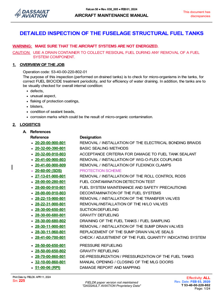 Detailed Inspection of The Fuselage Structural Fuel Tanks: Aircraft ...