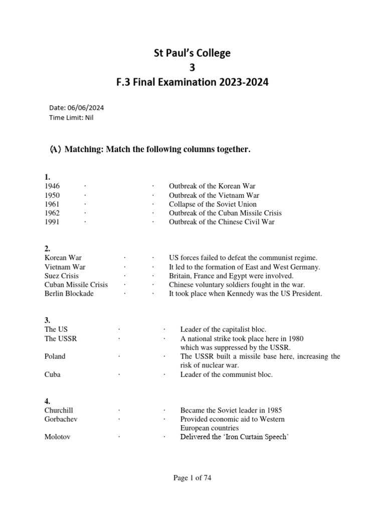 ST Paul's College 3 F.3 Final Examination 2023-2024: A Matching: Match The Following Columns ...
