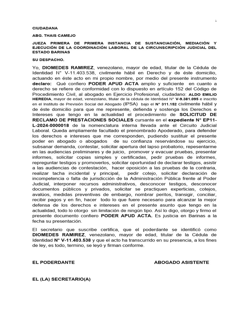 Poder Apud Acta Diomedes | PDF | Abogado | Judicaturas