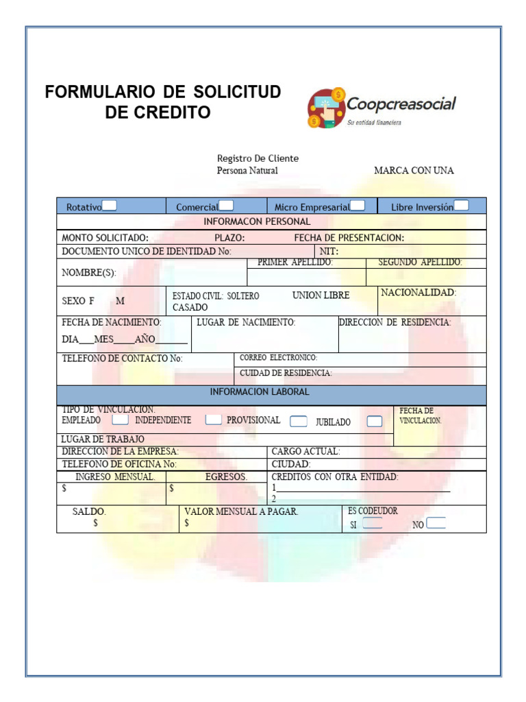 Formulario de Credito | PDF | Bancos | Industrias de servicio