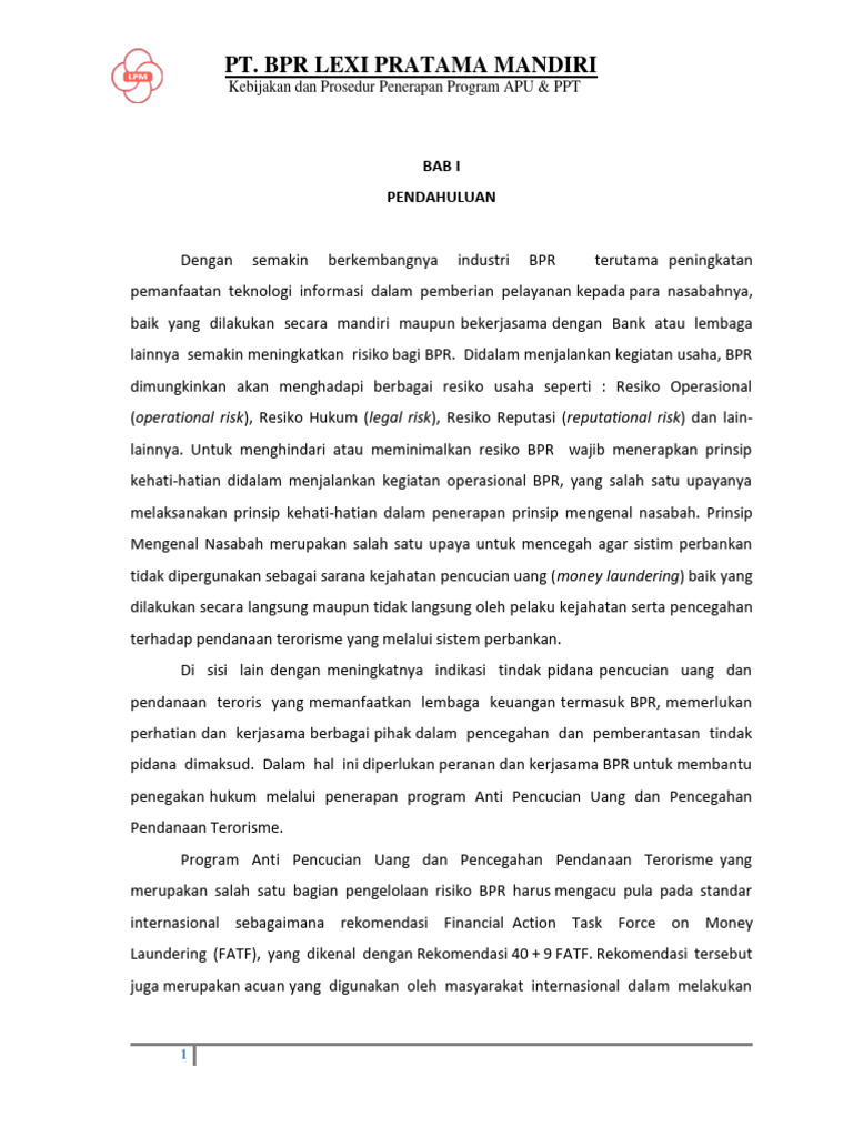 Kebijakan APU & PPT di BPR Lexi Pratama | PDF | Bisnis | Pengelolaan ...