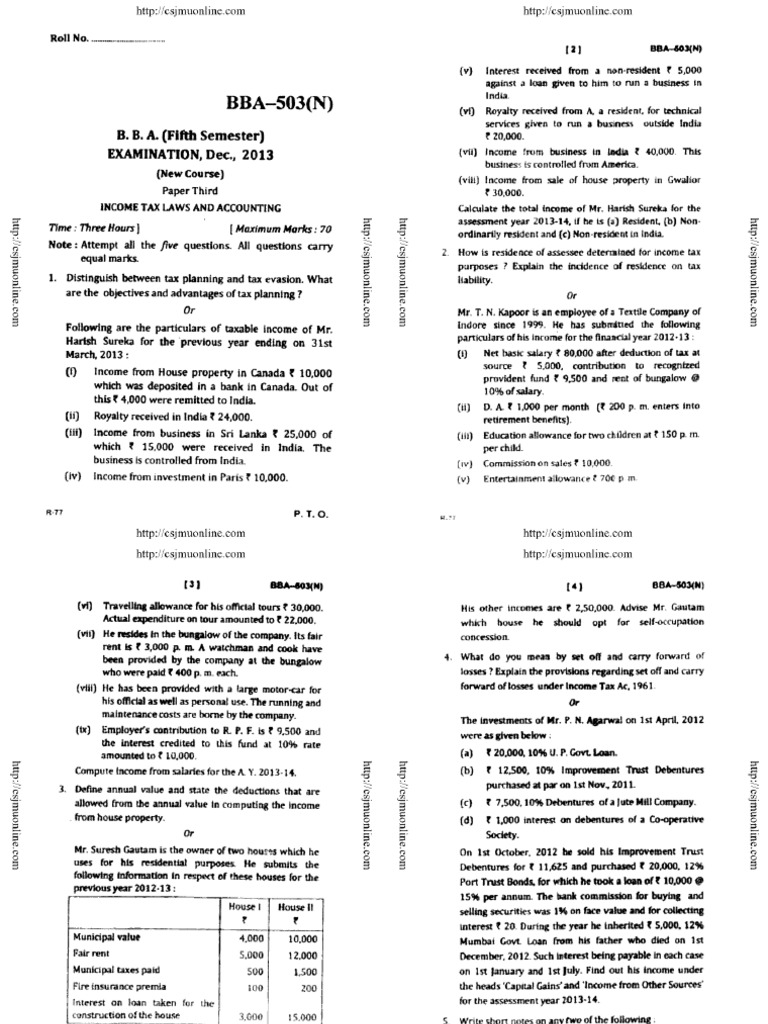 Bba 5 Sem Income Tax Laws and Accounting Bba 503n Dec 2013 | PDF