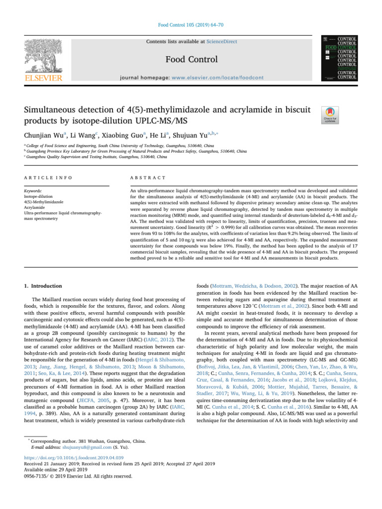 Simultaneous Detection of 4 5 Methylimidazole and Acrylamide in 2019 ...