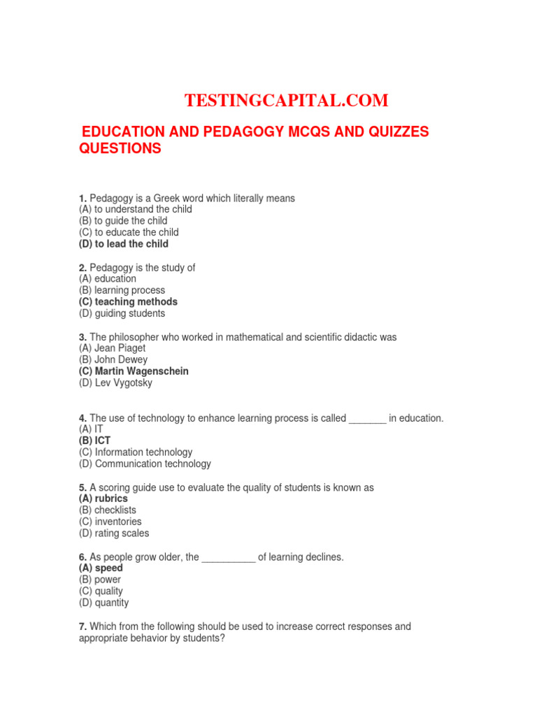 Education Pedagogy MCQs and Quizzes | PDF | Reason | Reality