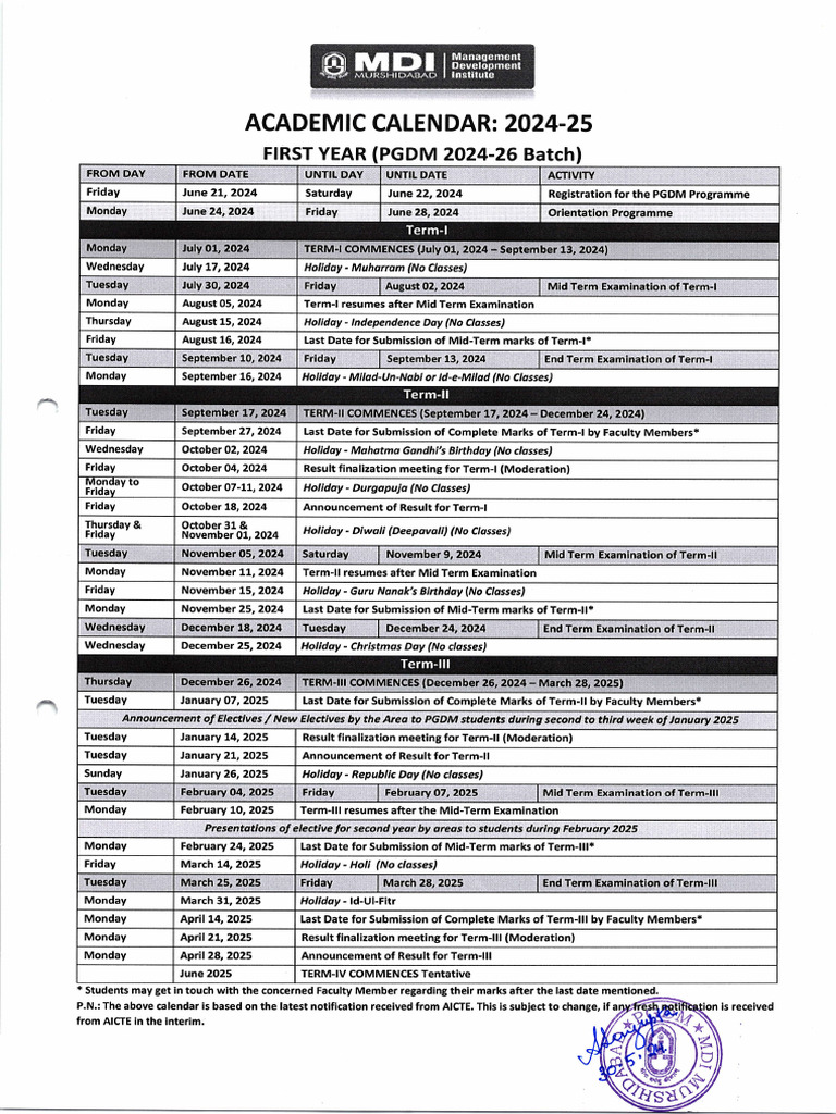 Academic Calendar - First Year - PGDM 2024-26 | PDF | Observances ...