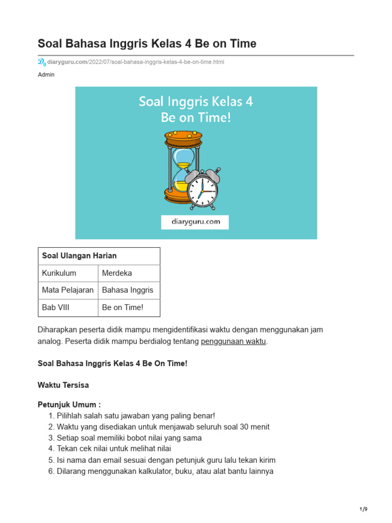 Soal Bahasa Inggris Kelas 4 Be on Time | PDF
