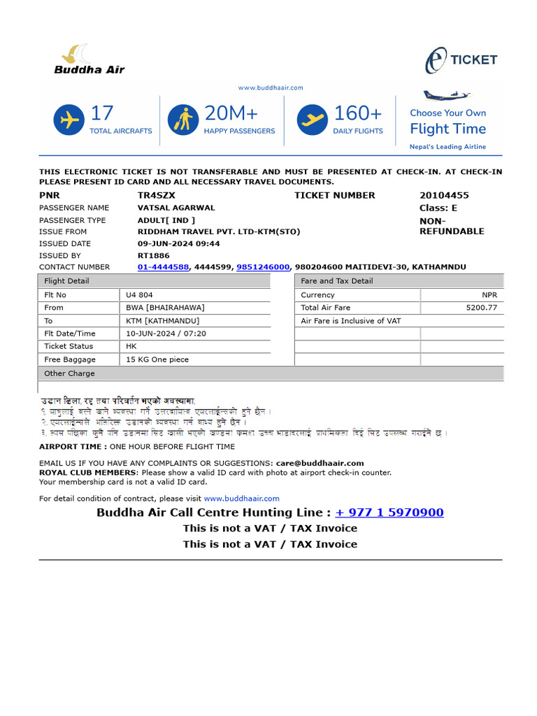 PNR Tr4Szx Ticket Number 20104455 Class: E Non-Refundable: Buddha Air ...