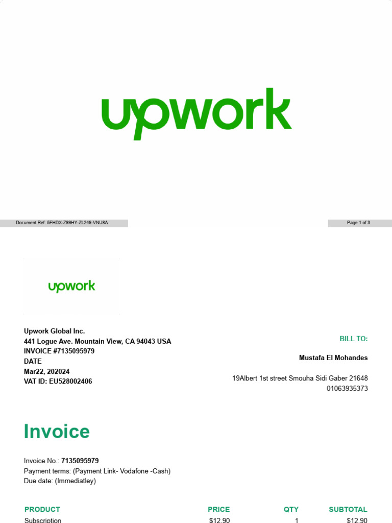 Upwork Invoice | PDF | Invoice | Taxes