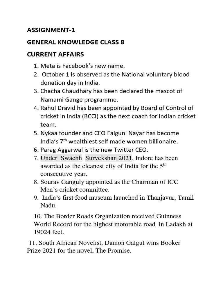 Current Affairs Class 8 | PDF