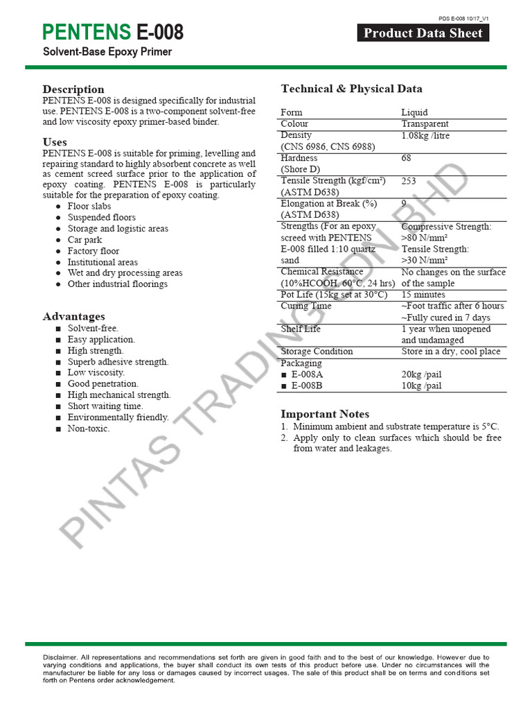 Pentens_E-008_Product_Data_Sheet | PDF | Epoxy | Secondary Sector Of The Economy