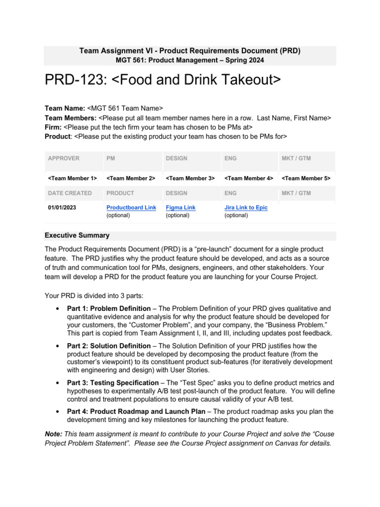 MGT 561 SP24 - Product Requirements Document (PRD) | PDF | Experiment | Performance Indicator