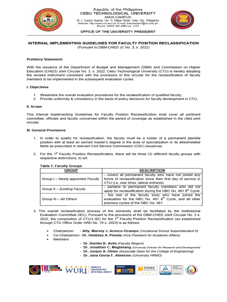 SGD CTU IIG 1st Evaluation Cycle For Faculty Position Reclassification Vice DBM CHED JC 3 S ...