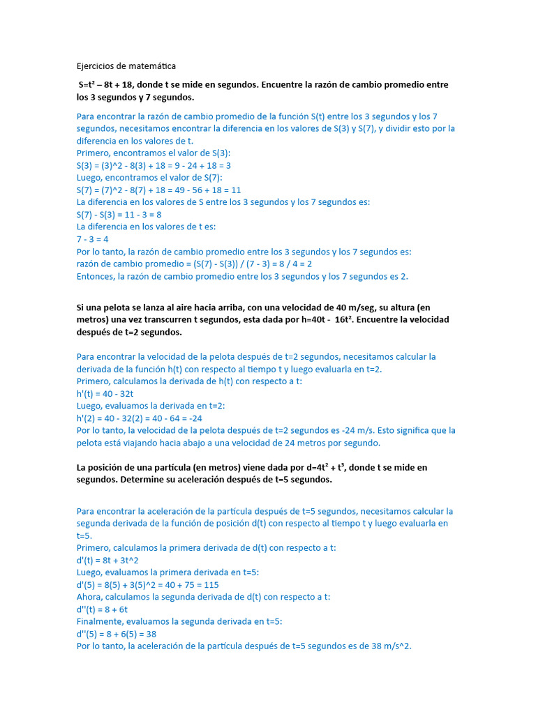 Ejercicios de Matemática | PDF | Velocidad | Derivado