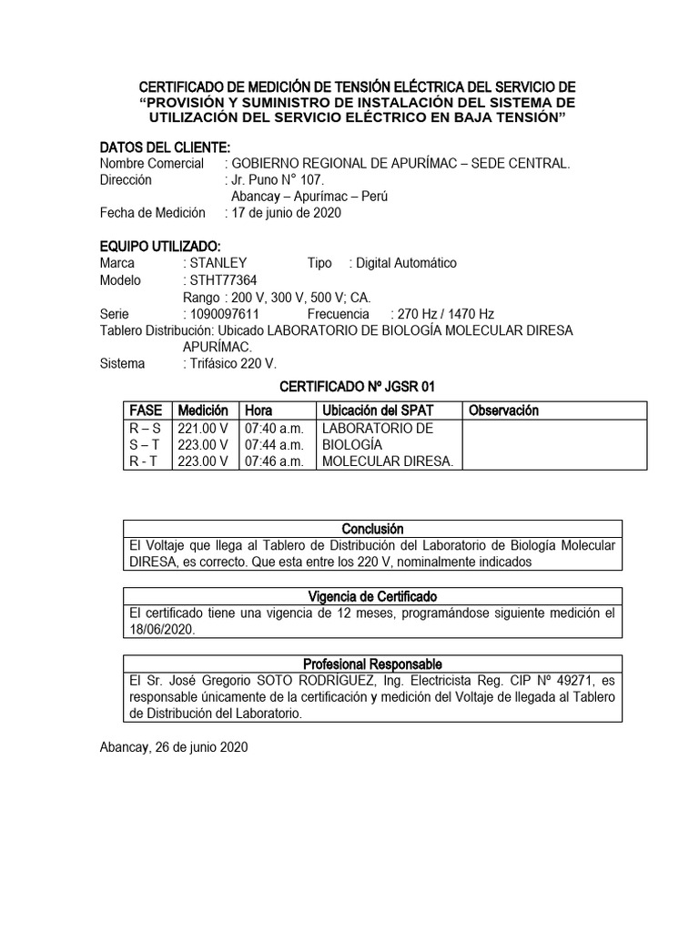 Certificado de Medición de Voltage Labort Molecular Diresa | PDF ...
