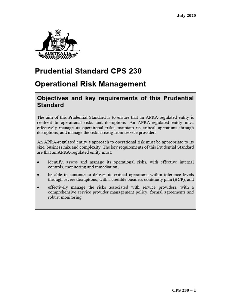 Prudential Standard CPS 230 Operational Risk Management | PDF | Risk | Internal Control