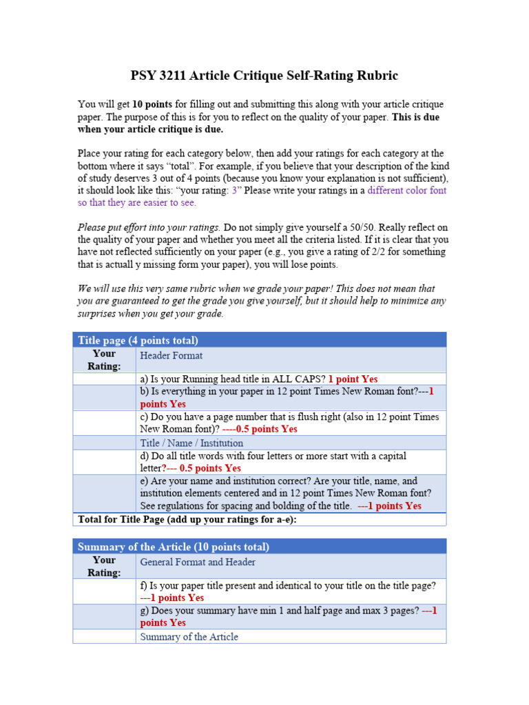 PSY 3211 Article Critique Self Rating Rubric Fall 23 | PDF | Citation