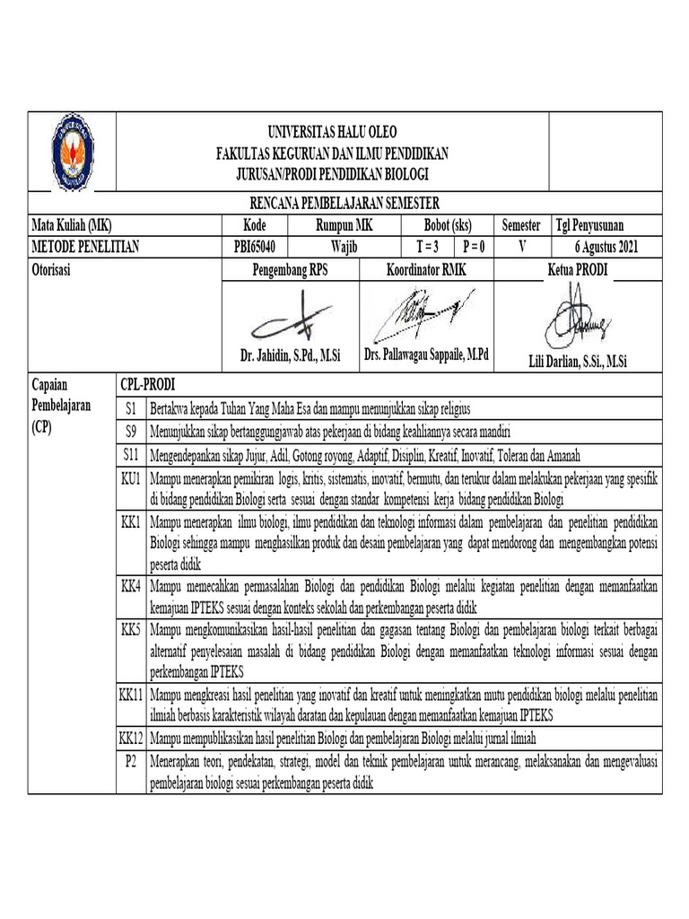 RPS MK Metode Penelitian | PDF