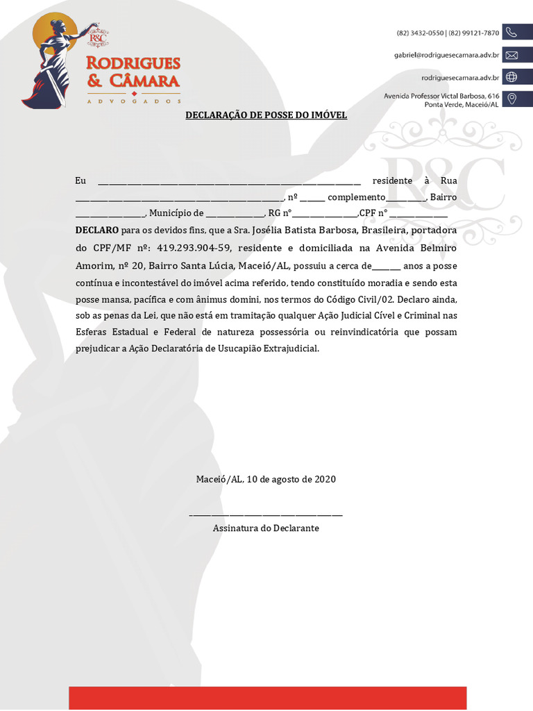 Declaração de Posse Mansa Pacífica Contínua e Ânimus Domini de Imóvel | PDF