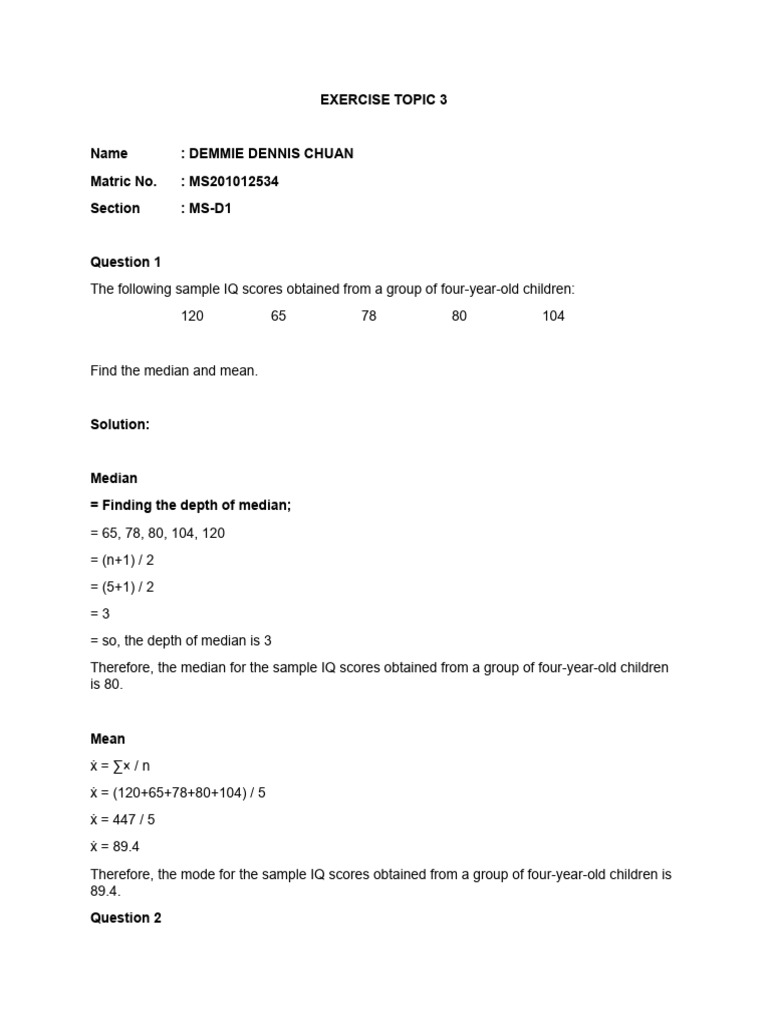 Statistic Exercise Topic 3 - MS201012534 - Demmie Dennis Chuan | PDF ...