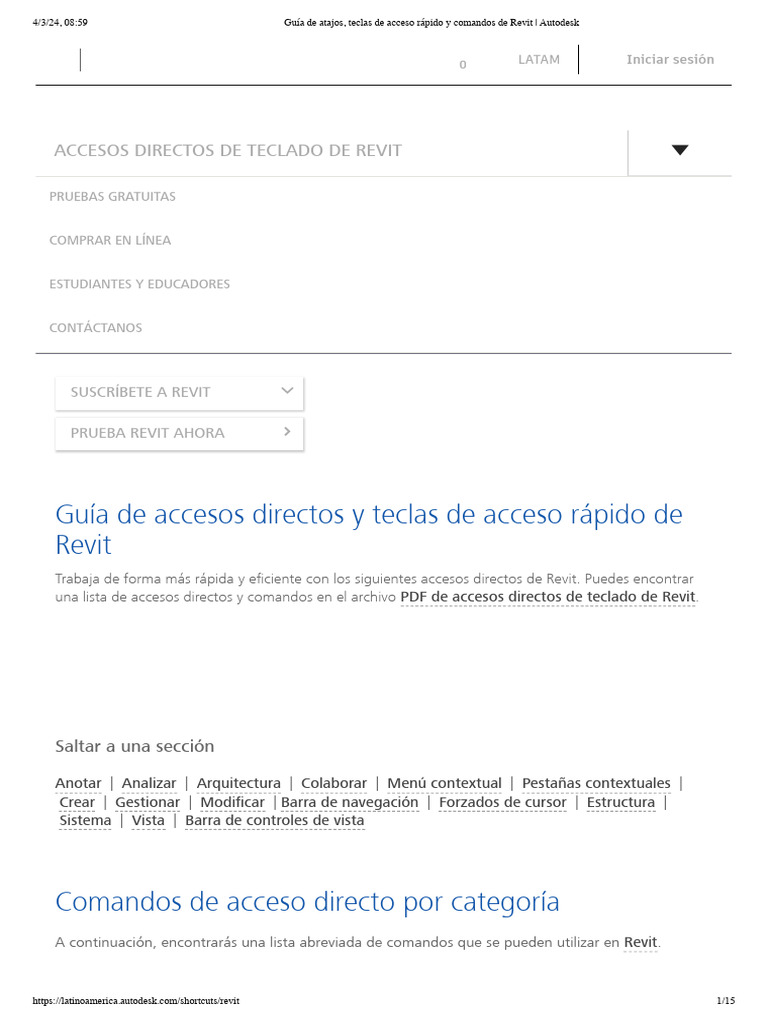 Guía de Atajos, Teclas de Acceso Rápido y Comandos de Revit - Autodesk | PDF | Autodesk Revit