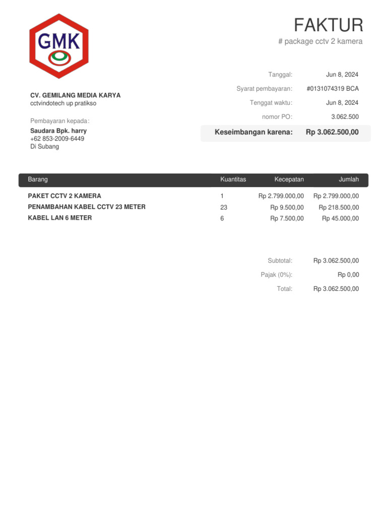 Invoice Package CCTV 2 Kamera | PDF | Komputer | Teknologi & Rekayasa