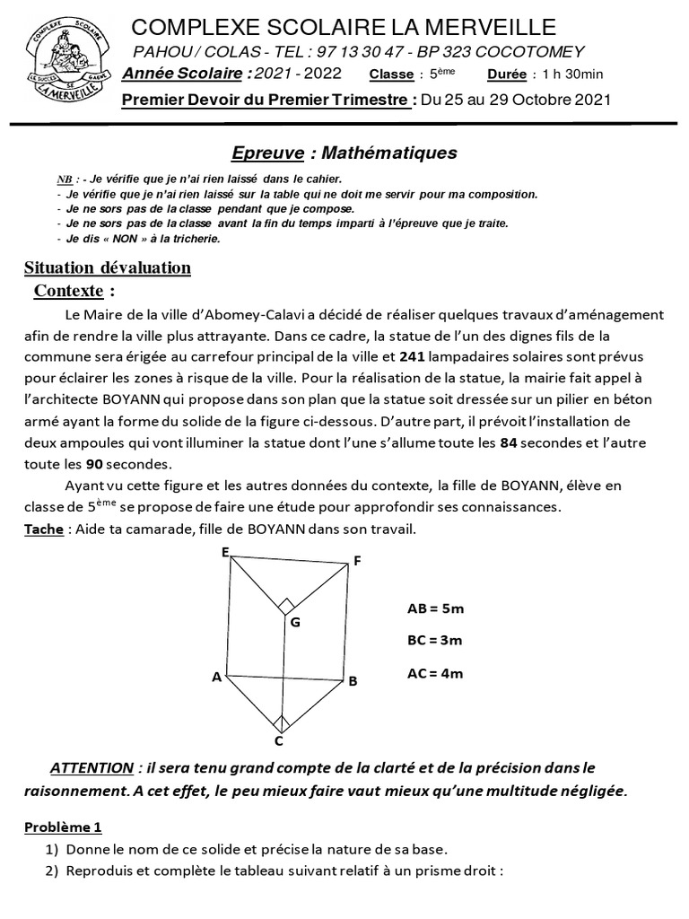 Devoir Maths 5ème Merveille | PDF