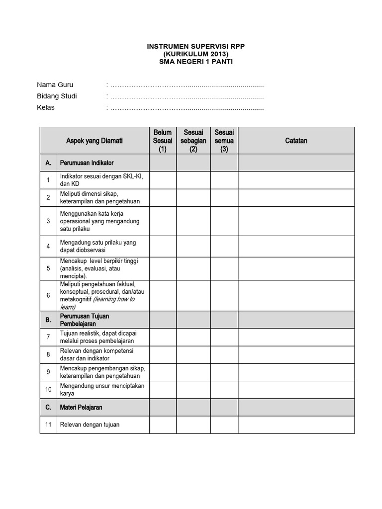 Instrumen Supervisi (K13) | PDF | Karier & Perkembangan