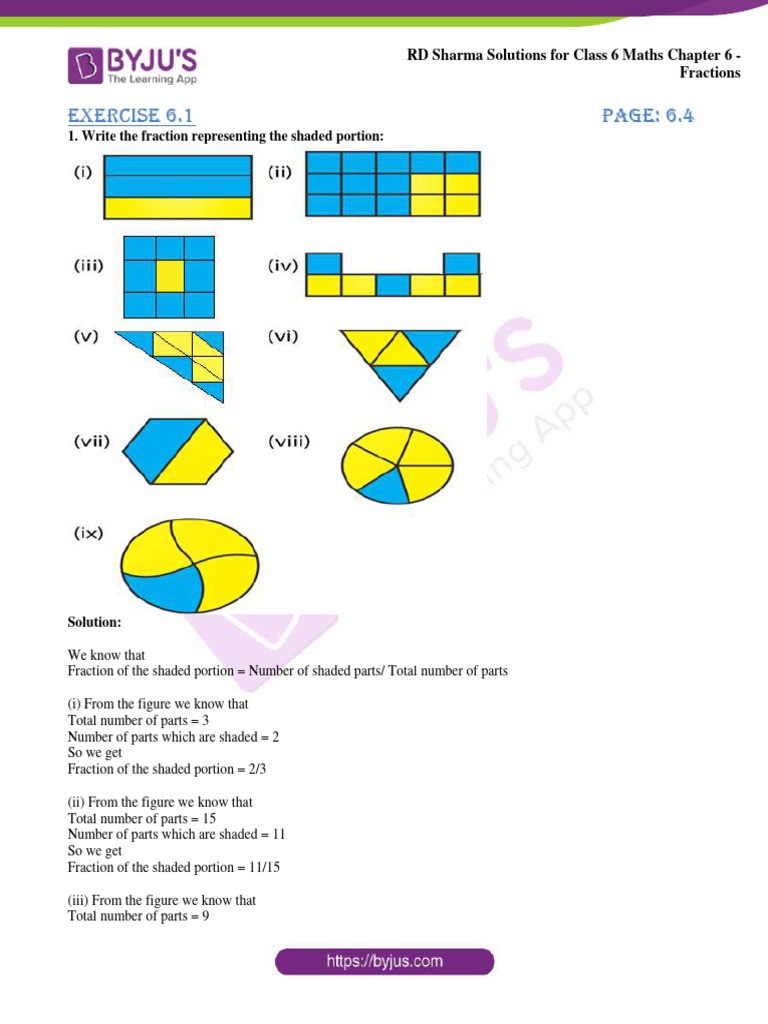 Rd Sharma Solution Jan2021 Class 6 Maths Fractions Chapter 6 Pdf