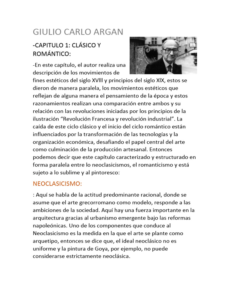 Giulio Carlo Argan: - Capitulo 1: Clásico Y Romántico | PDF ...
