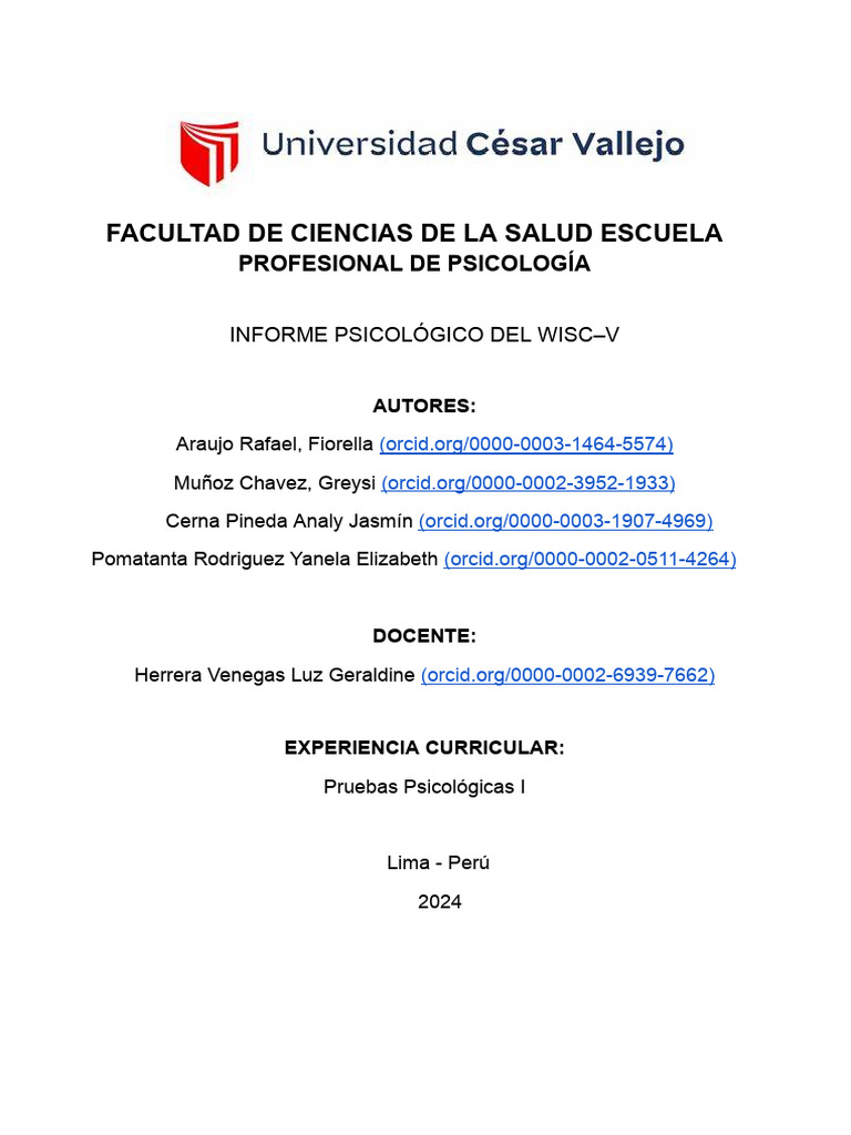 Informe Psicológico Wisc-V | PDF | Cociente de inteligencia | Cognición