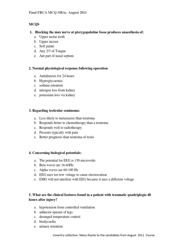 MCQs - SBAs Final FRCA August 2011 - 2 - 11832164445 | PDF | Intravenous Therapy | Medical ...