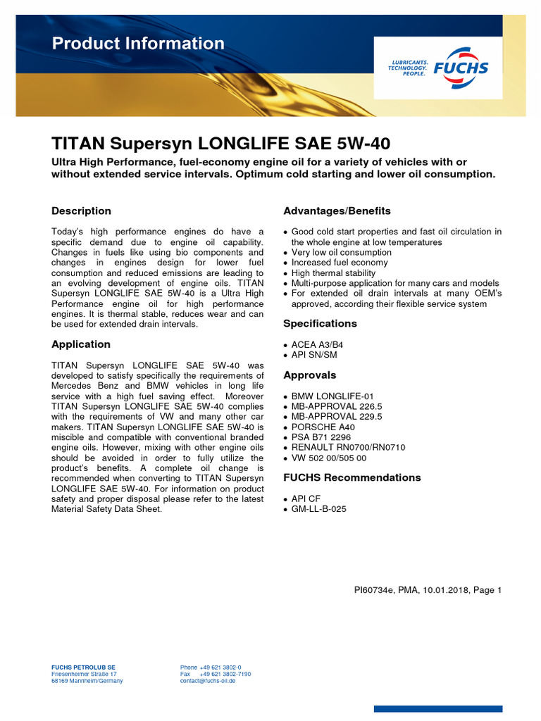 Pi - Titan Supersyn Longlife 5w-40 | PDF | Motor Oil