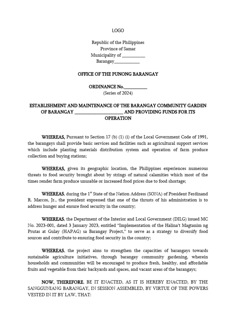 Ordinance For The Establishment of A Barangay Community Garden | PDF ...