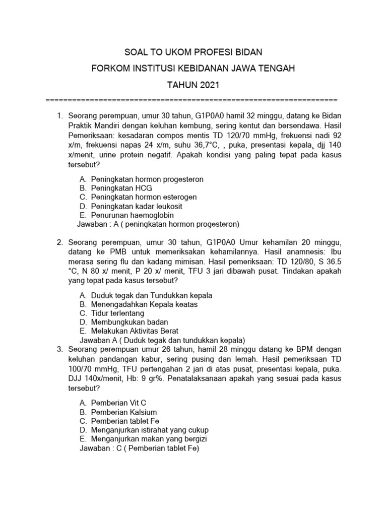 Soal & Kunci Jawaban To Ukom Profesi Bidan Forkom Jawa Tengah Tahun 2021 | PDF