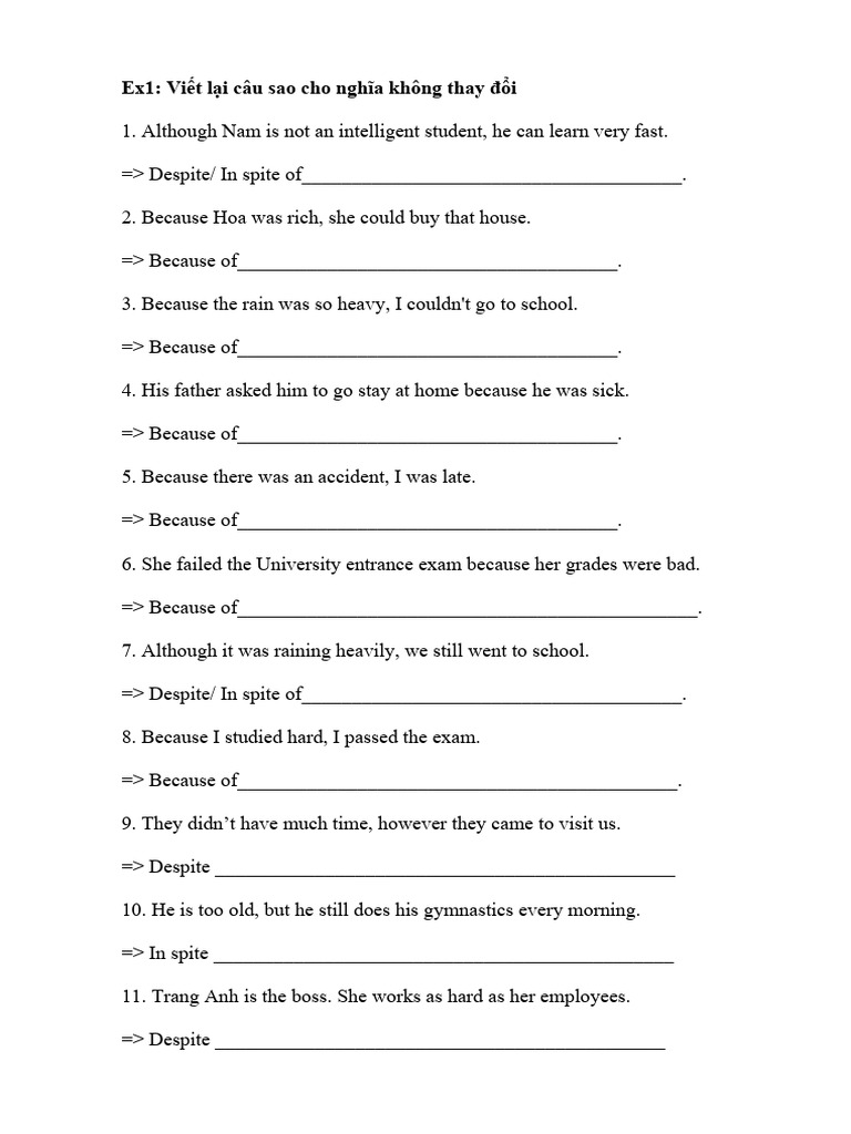 Exercises on Although and Despite | PDF