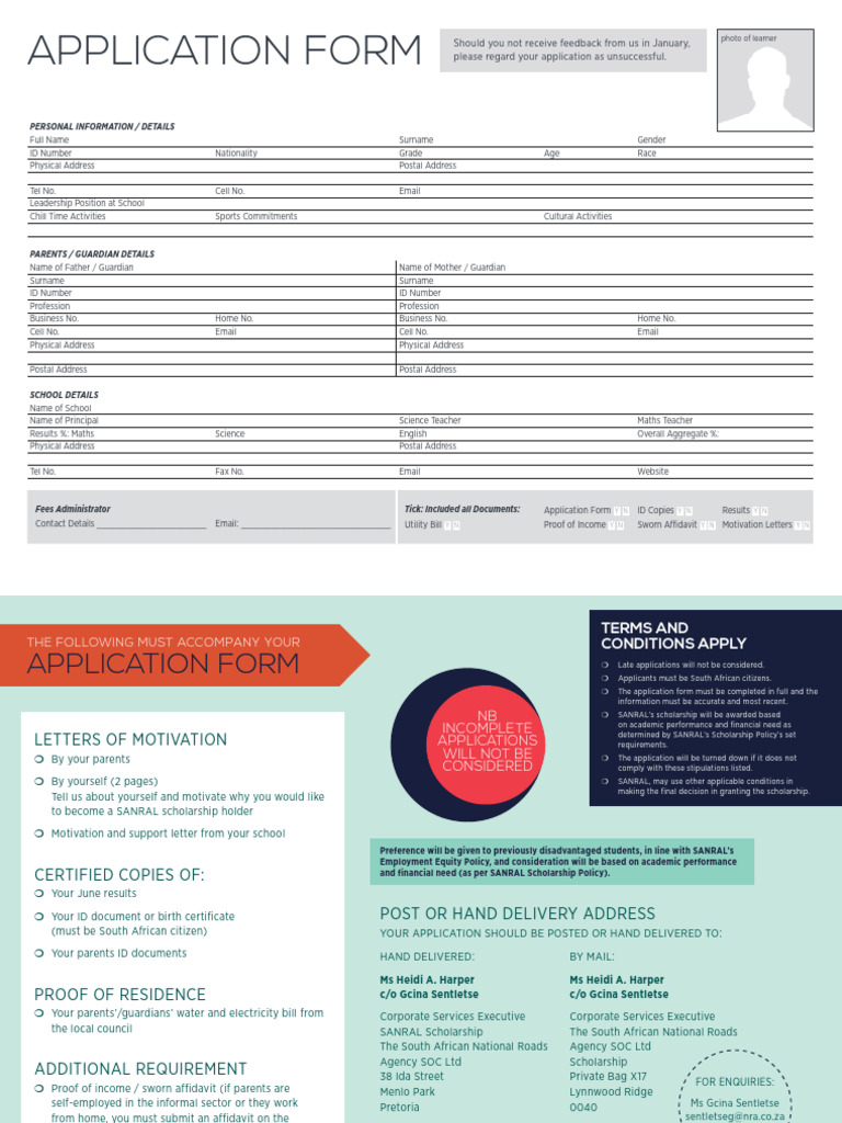 SANRAL Scholarship Application Form | PDF