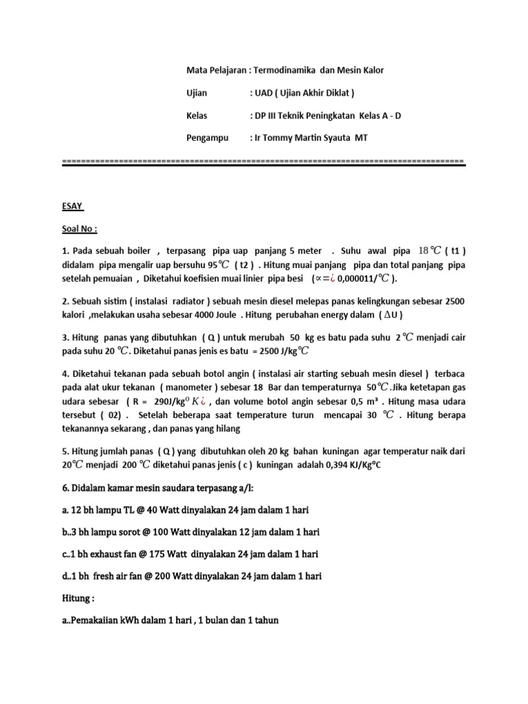 Uad Termodinamika DP 3 Teknik Peningkatan Periode 1 Kelas A B C D | PDF