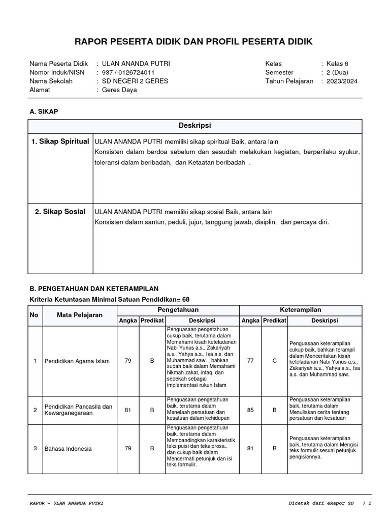 Rapor - ULAN ANANDA PUTRI - 20232 | PDF
