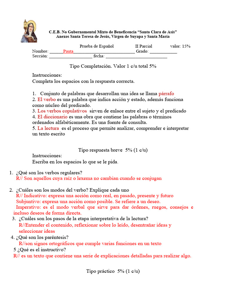Prueba de Español II Parcial: Instrucciones y Contenidos | PDF | Verbo ...