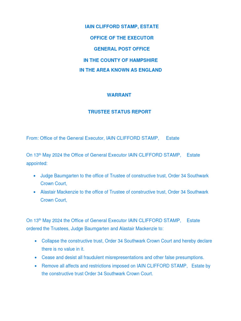 30.05.2024 Office of Executor Warrent Trustee Status Report | PDF ...