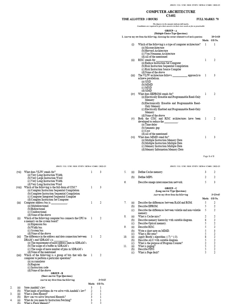 Cse Cs401 Computer Architecture R18 Booklet Pdf Computer Data Storage Computer Memory