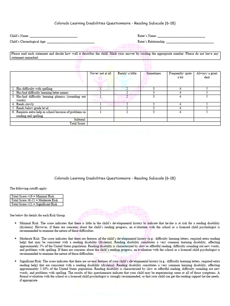 Colorado Learning Disabilities Questionnaire (1) | Download Free PDF ...